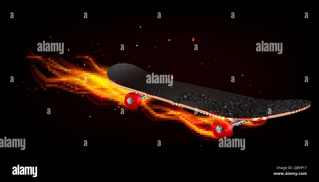 Skateboard on fire at dark background with sparks demonstrated effect ...