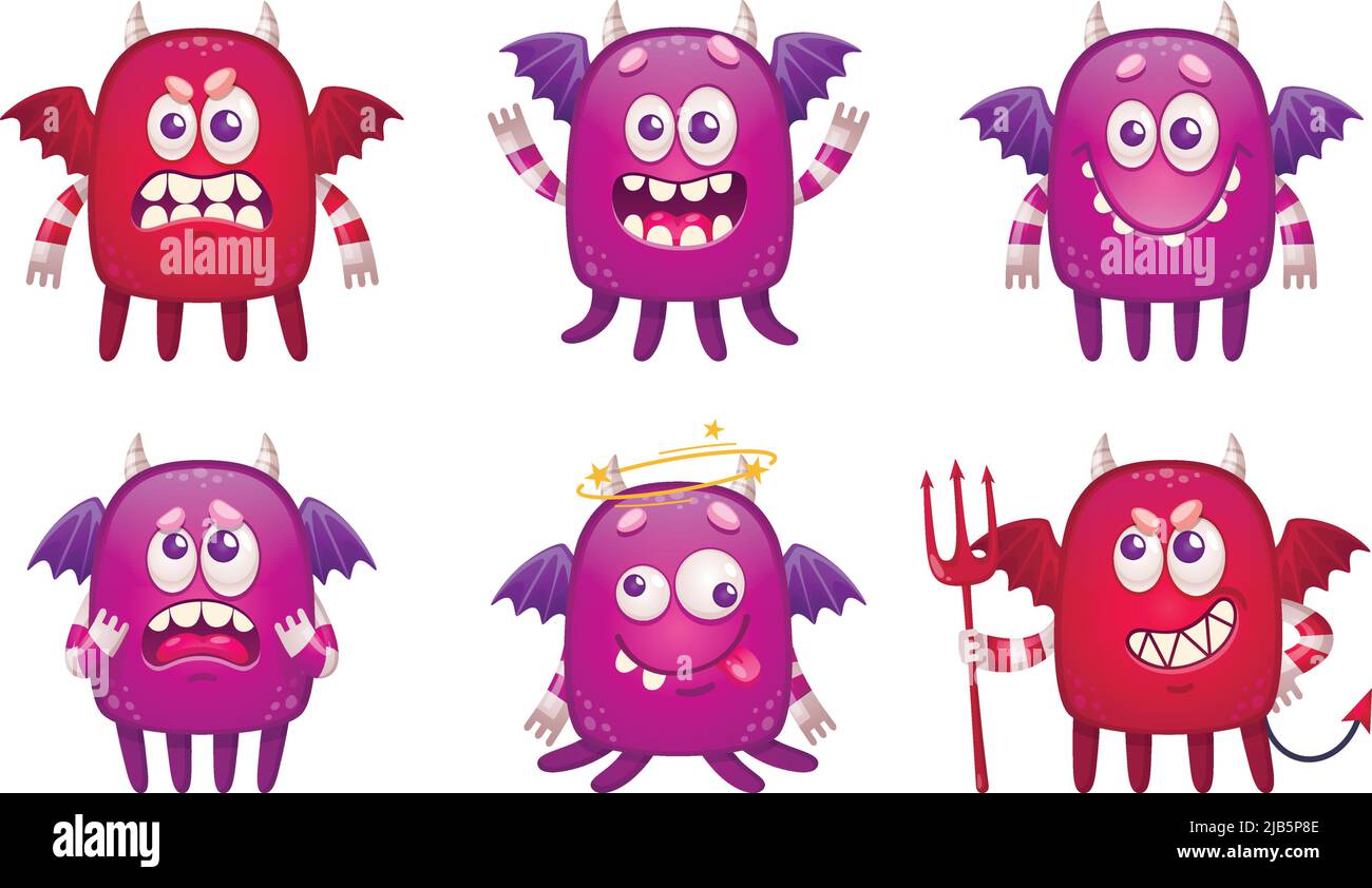 Cartoon monster emoticons set with six characters of childish beasts ...