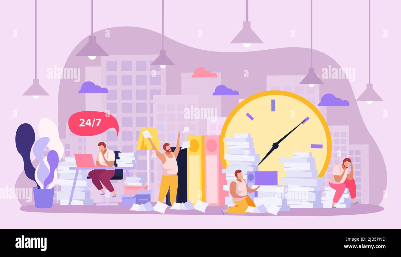 Flat composition with tired people working all day with papers vector ...