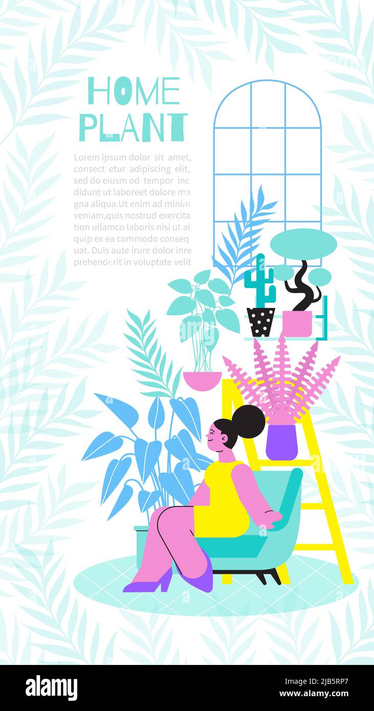 Home plant banner with composition of flat images indoor scenery with ...