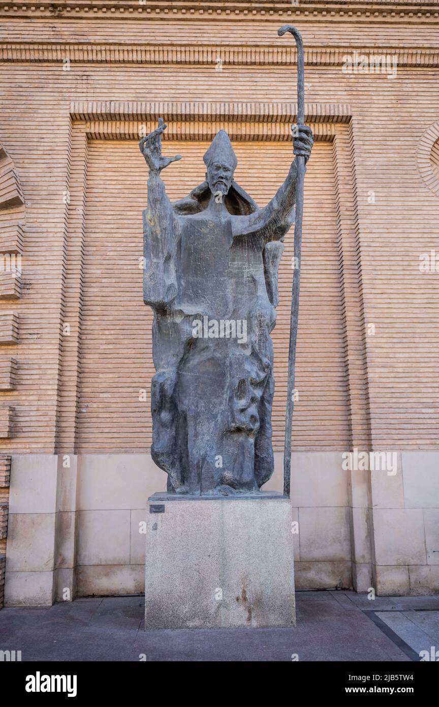 San Valero statue by sculptor Pablo Serrano in the City Hall facade ...
