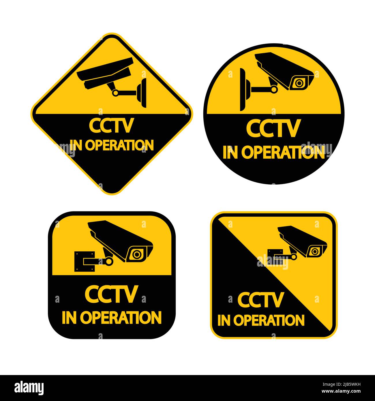 Set CCTV Camera label.Black Video surveillance sign on white background ...