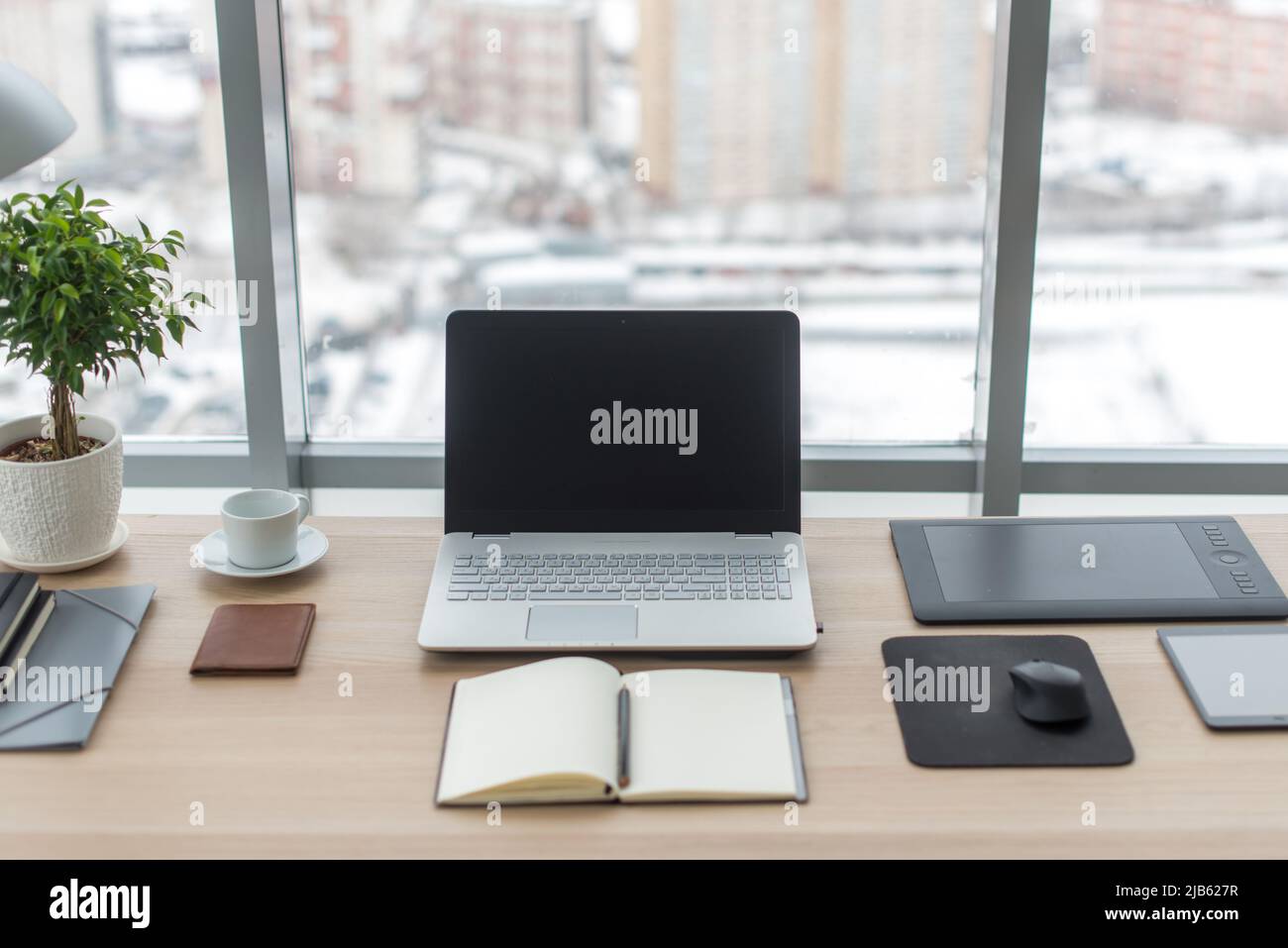 Office. Comfortable work table, workplace with notebook laptop Stock ...