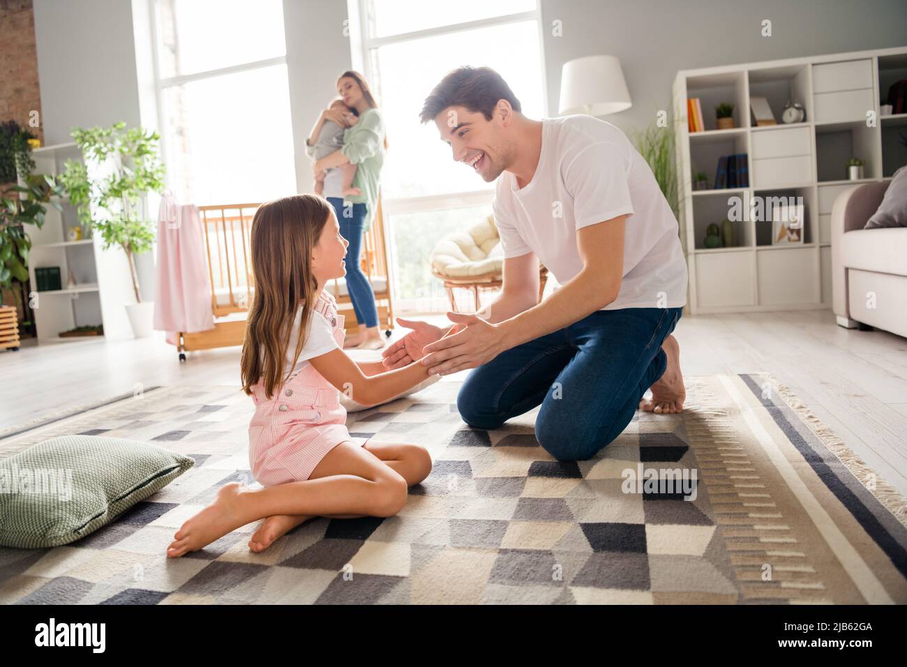 Photo of funny sweet husband wife little children father playing patty ...