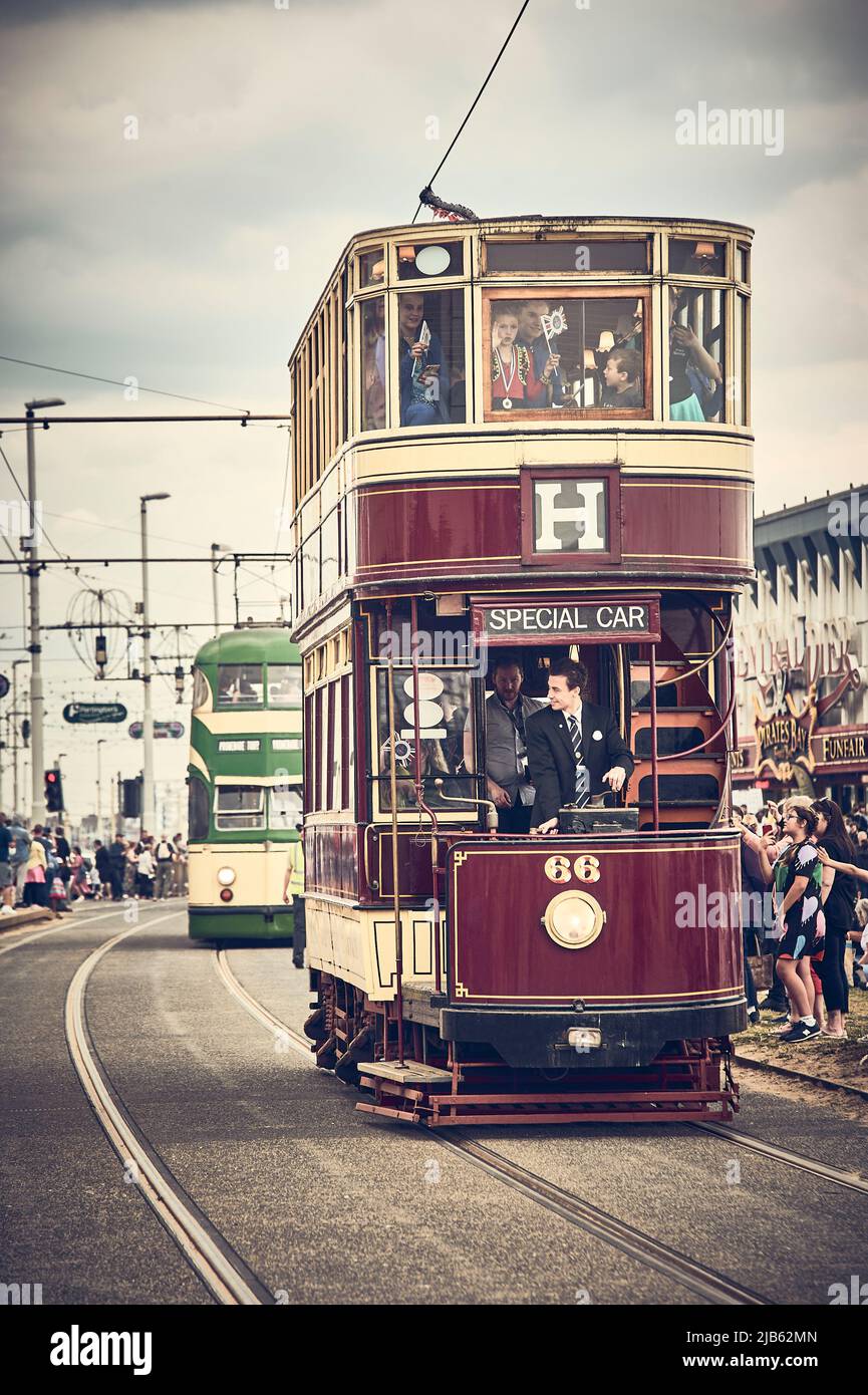 Platinum jubilee tram parade in Blackpool. Bolton tram 66 Stock Photo ...
