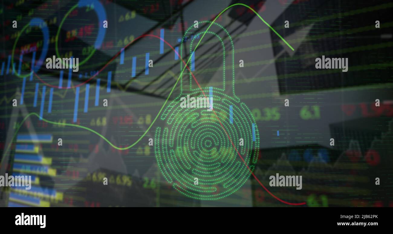 Image of financial data, graphs and padlock with fingerprint over ...