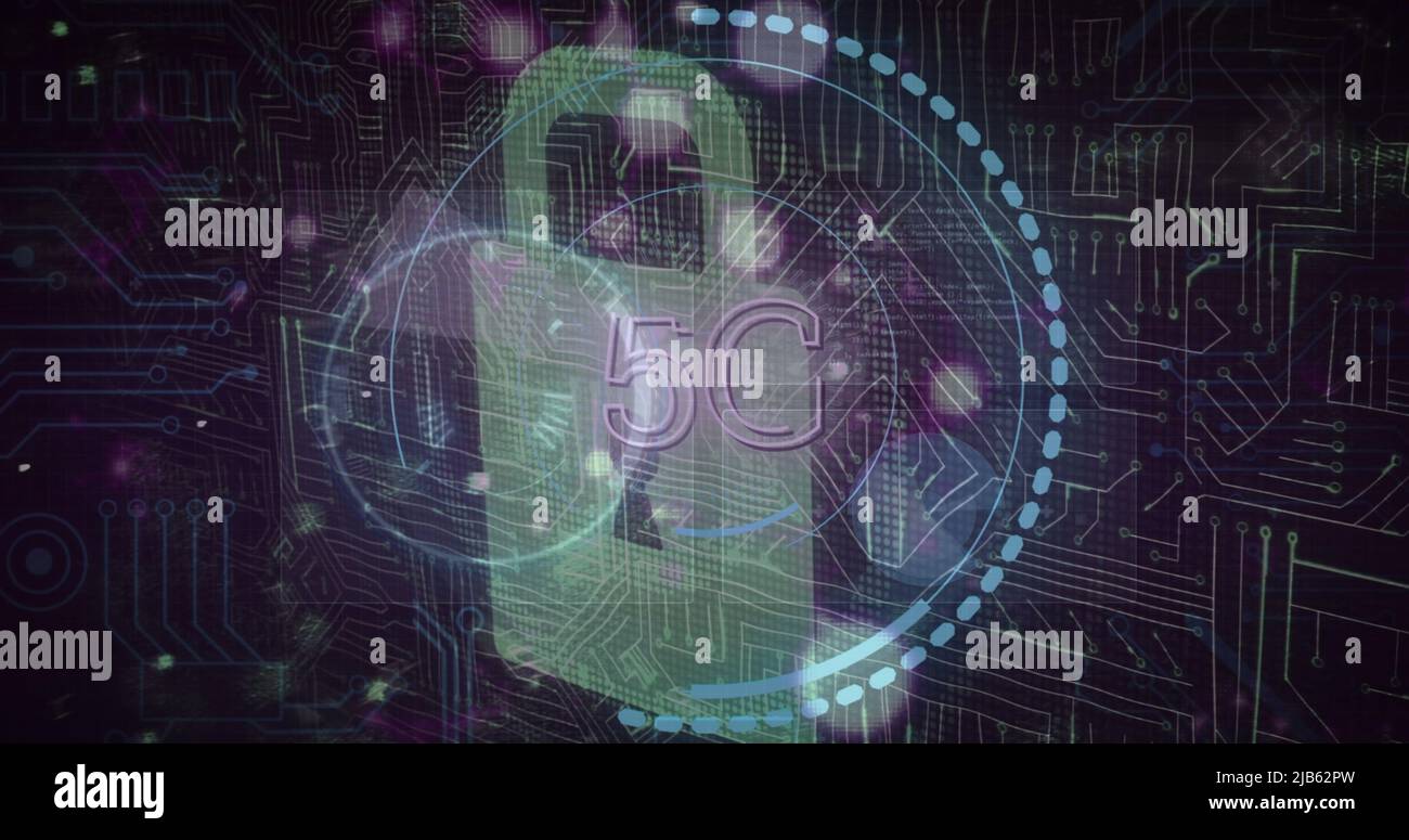 Image Of 5g Text Data Processing Online Security Padlock And Circuit