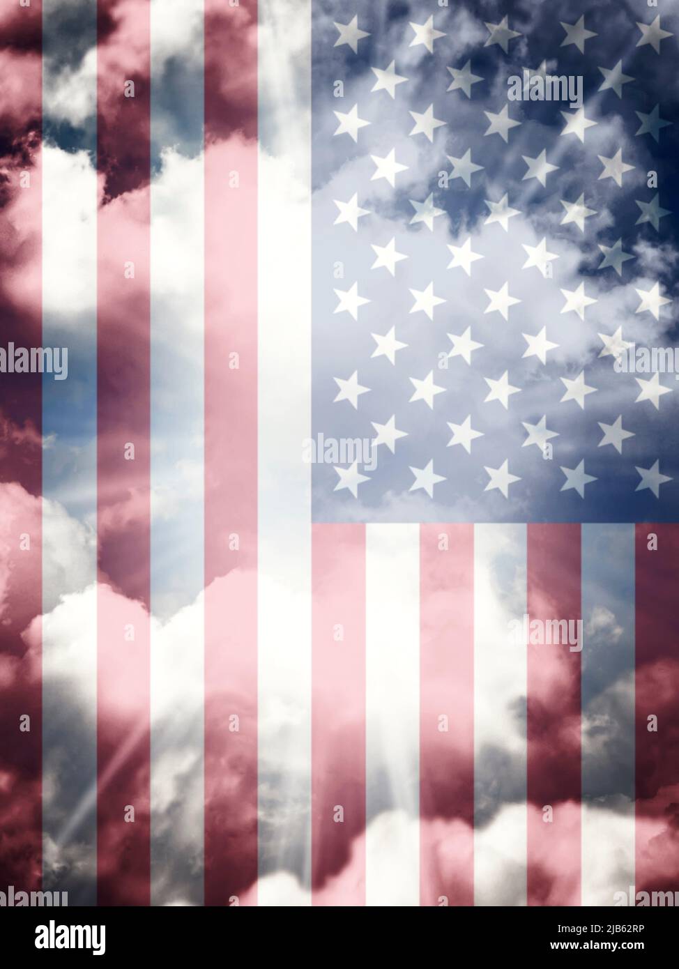 United States of America flag with clouds and sunrays illustration ...