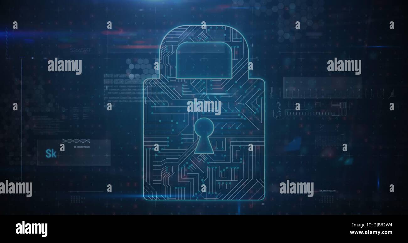 Image Of Warning Data Processing Online Security Padlock And Circuit