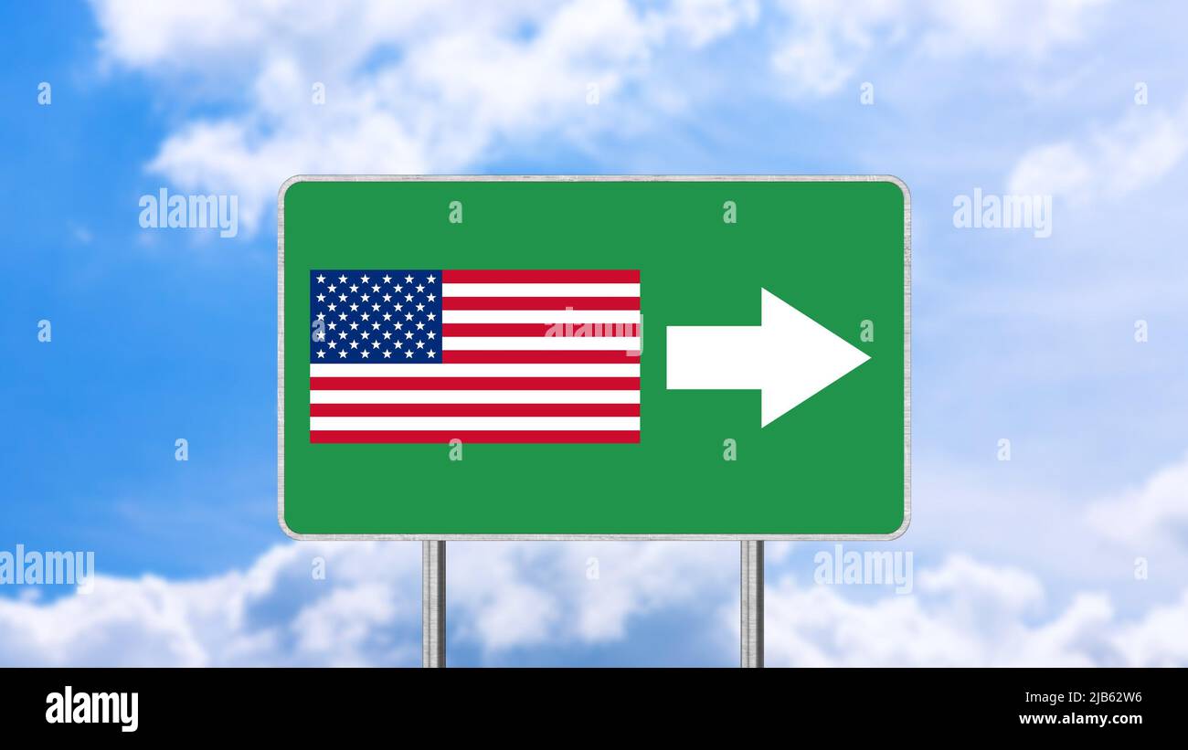 Road directional sign with american flag and arrow on sky background 3D ...