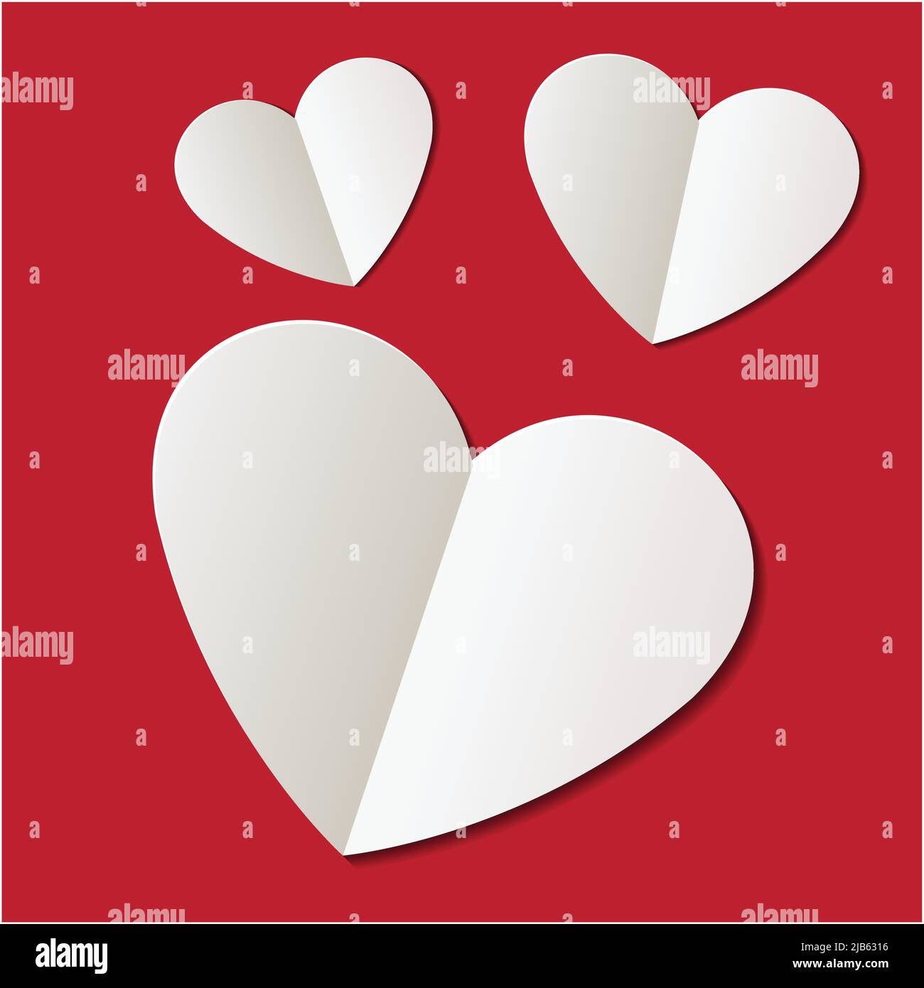 Three white hearts paper art on a red background,Vector illustration ...