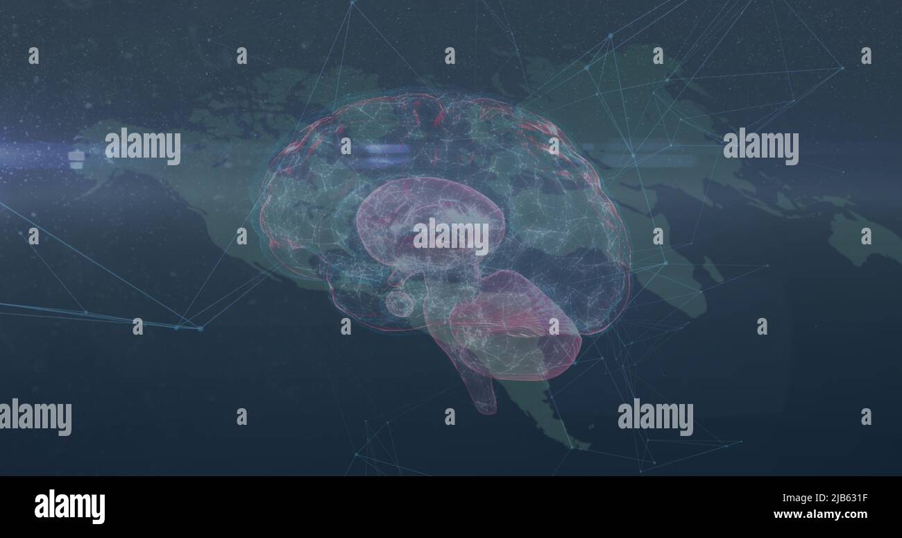 Image of icons, data and rotating brain over world map Stock Photo - Alamy