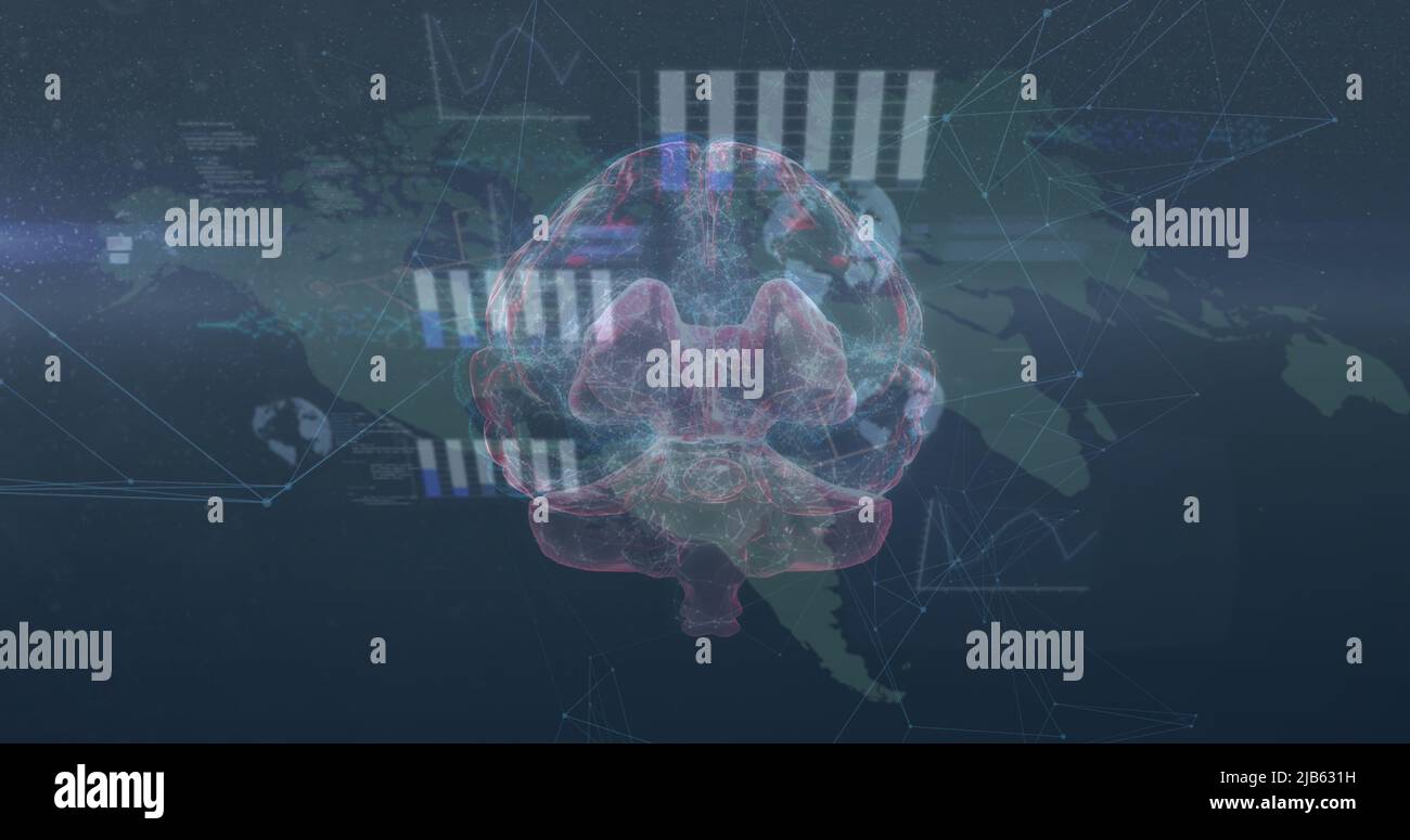 Image of icons, data and rotating brain over world map Stock Photo - Alamy