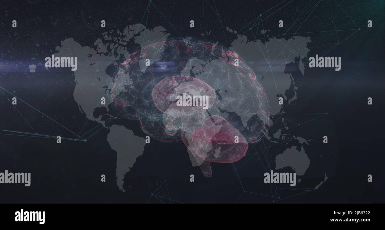 Image of icons, data and rotating brain over world map Stock Photo - Alamy