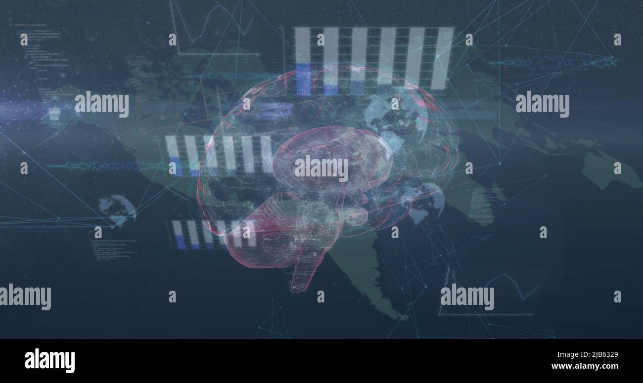Image of icons, data and rotating brain over world map Stock Photo - Alamy