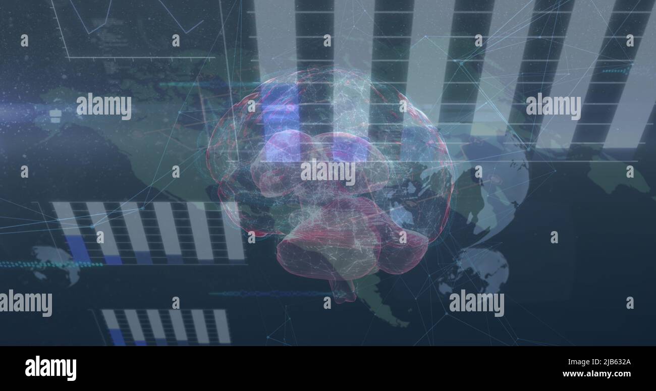 Image of icons, data and rotating brain over world map Stock Photo - Alamy