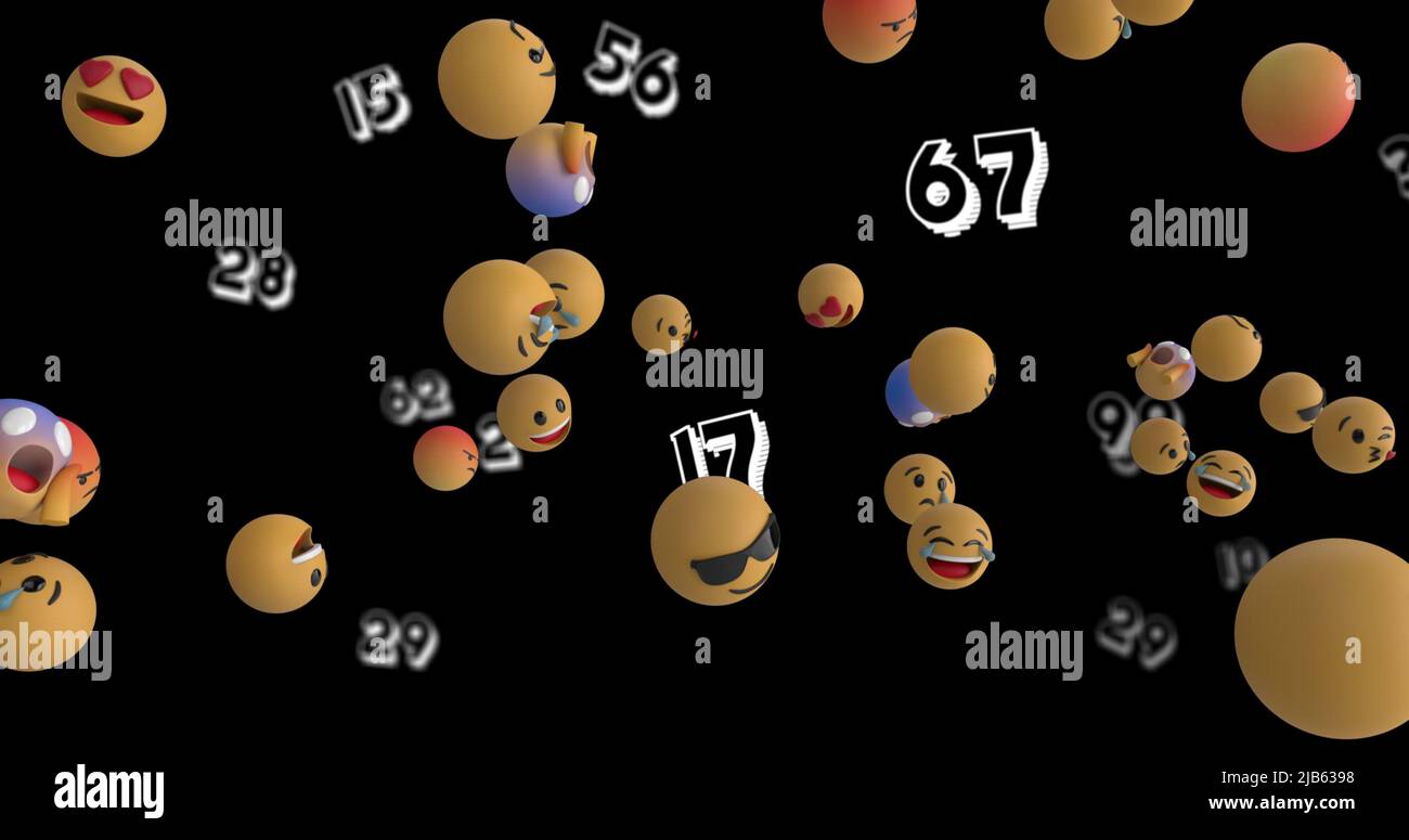 Image of emoji icons floating over numbers on black background Stock ...