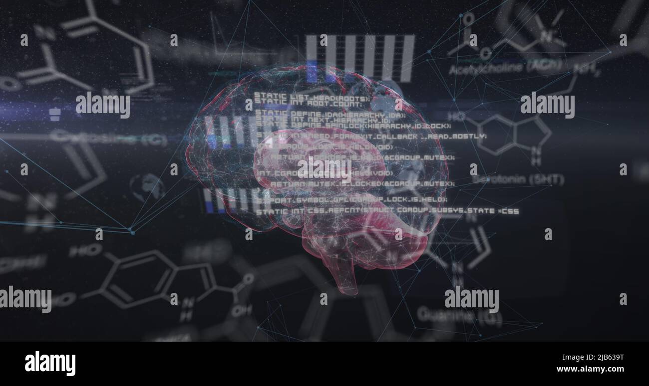 Image of chemical formulas and data processing over rotating brain on ...