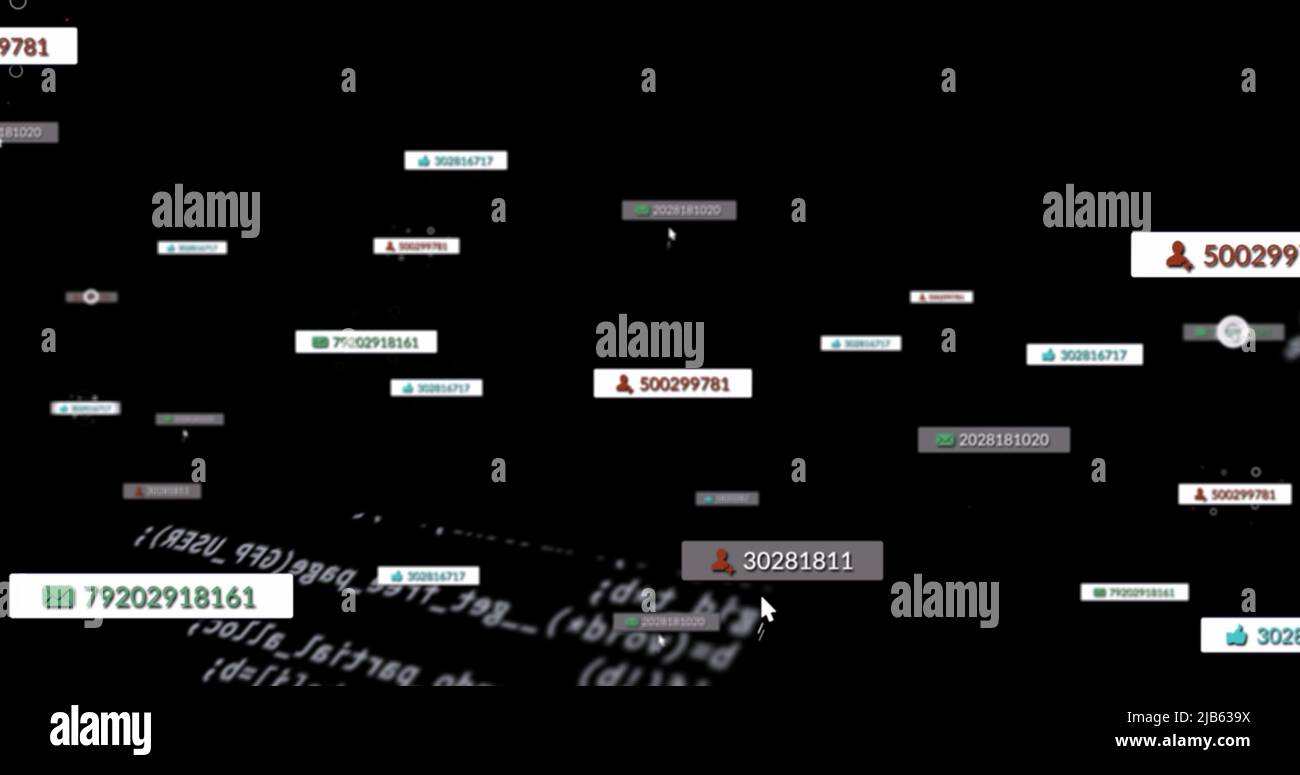 Image of social media icons floating over changing numbers and data processing on black Stock ...