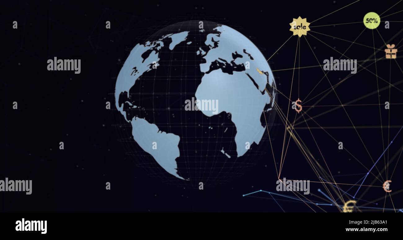 Image of network of connections with shopping icons over rotating globe ...