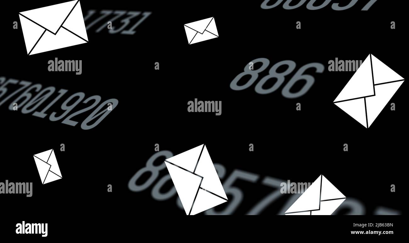 Image of envelope email icons floating and changing numbers on black ...