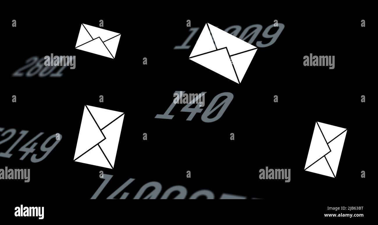 Image of envelope email icons floating and changing numbers on black ...