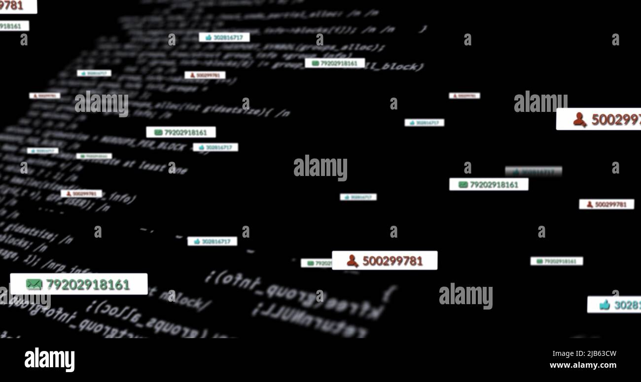 Image of social media icons floating over changing numbers and data processing on black Stock ...