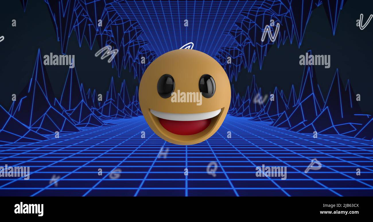 Image of emoji icon floating over letters and metaverse background ...