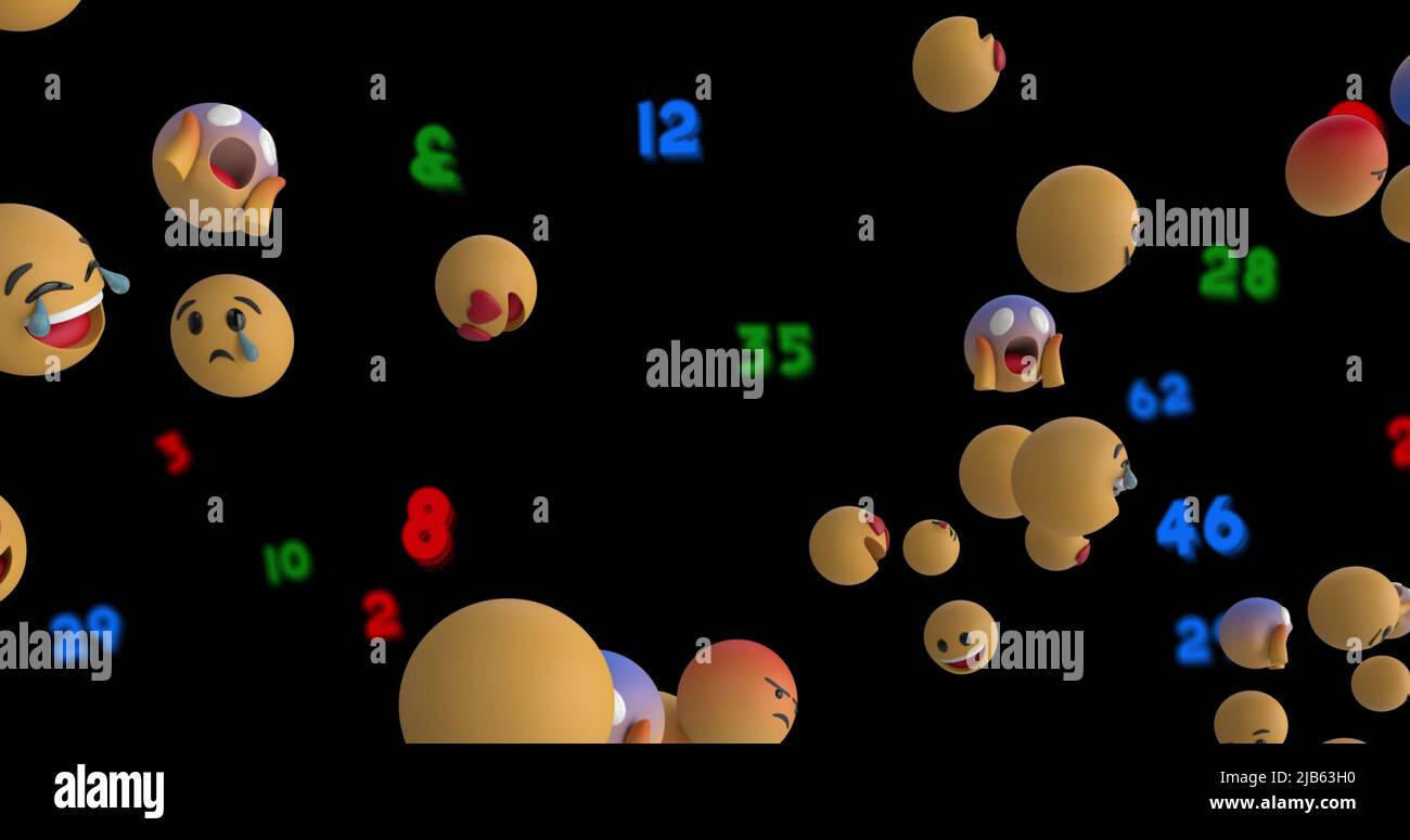 Image of emoji icons floating and numbers on black background Stock ...
