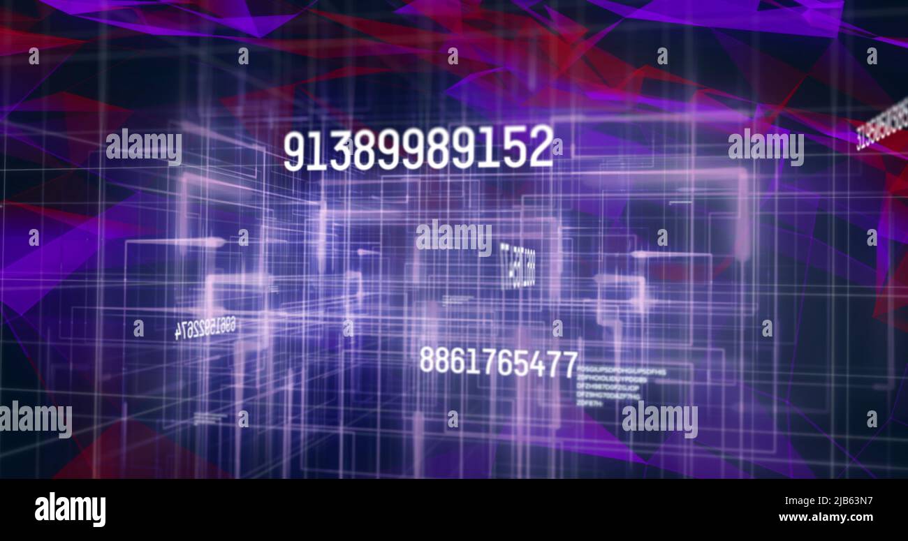 Image of numbers and data processing over purple and red network of ...