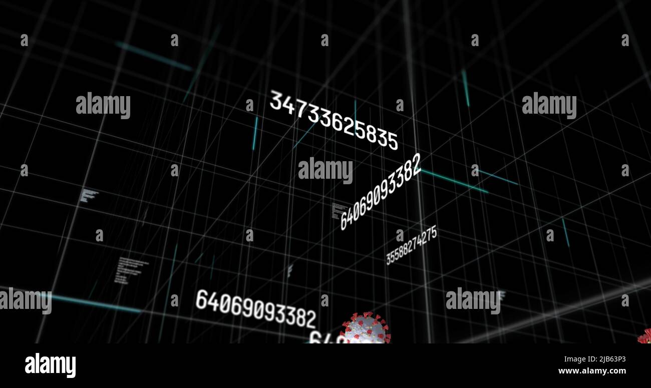 Multiple covid-19 cells and changing numbers floating against data processing on black ...