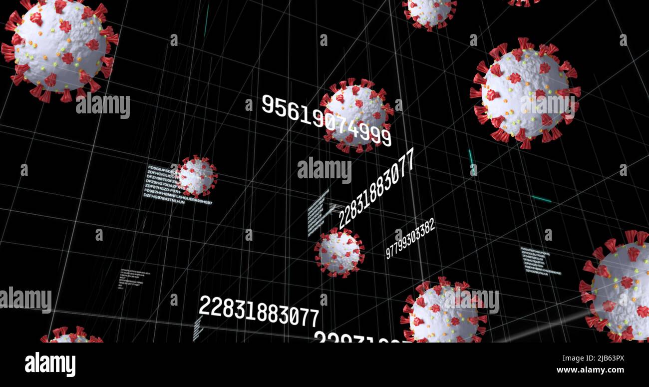 Multiple covid-19 cells and changing numbers floating against data processing on black ...