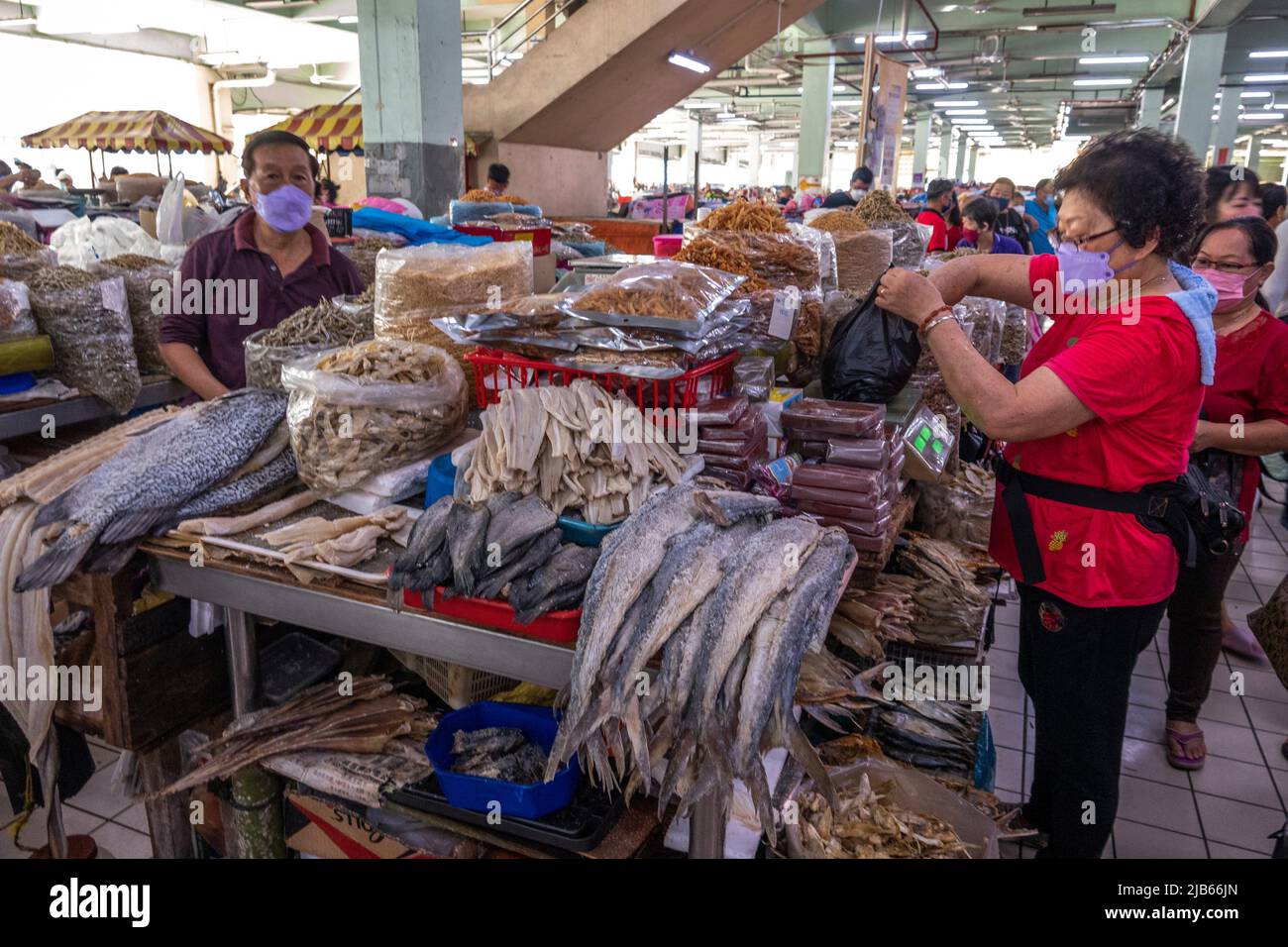 Vegetables stalls selling salted fish at Sibu Central Market Complex ...