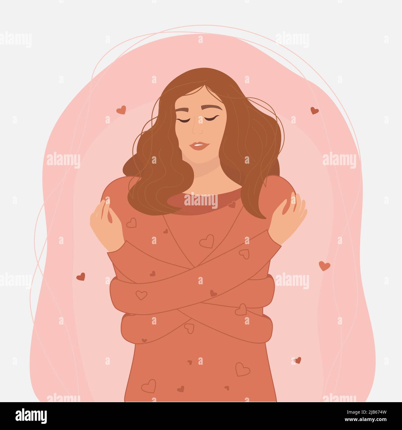Self Love Concept Woman Hugging Herself Vector Illustration In Flat