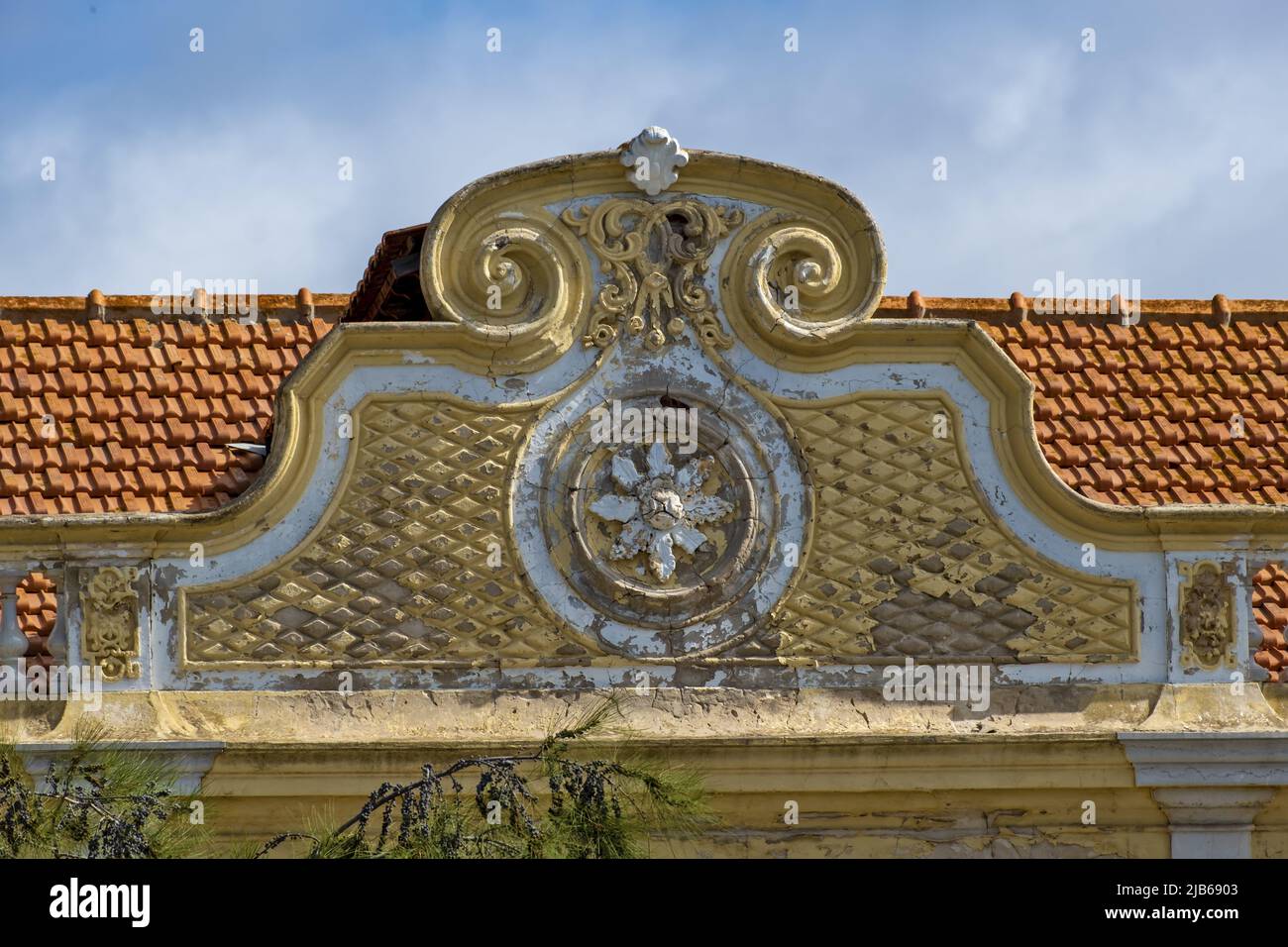 Close view of a traditional pediment in the village of Luz, Algarve ...