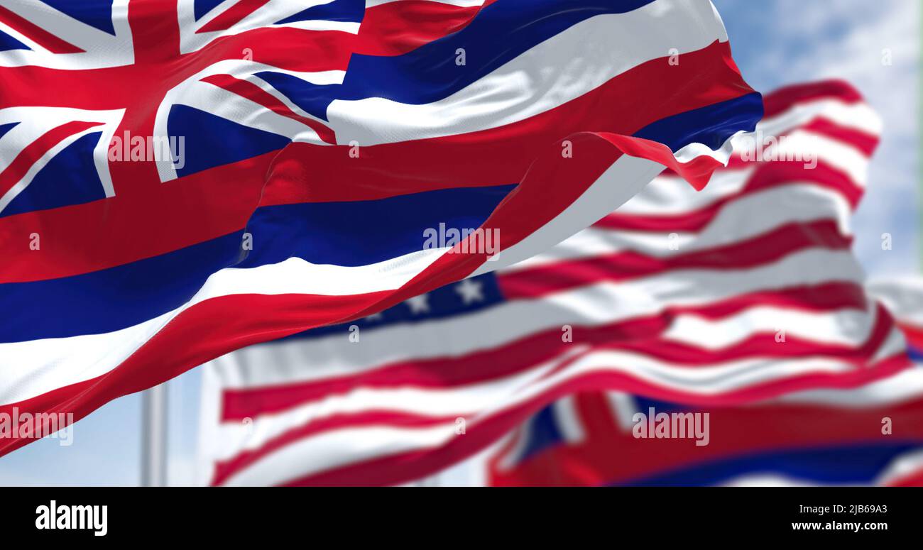 The Hawaii state flag waving along with the national flag of the United ...