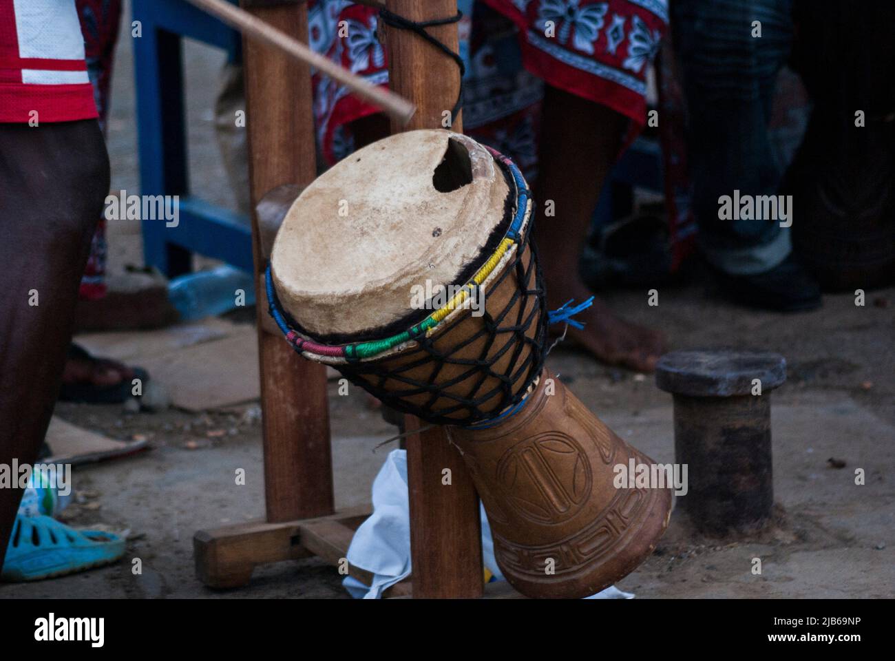 Local drum used by performers at pier in Nosy Be. Madagascar Stock ...