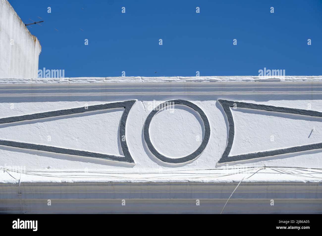 Close view of a traditional pediment in the village of Luz, Algarve ...
