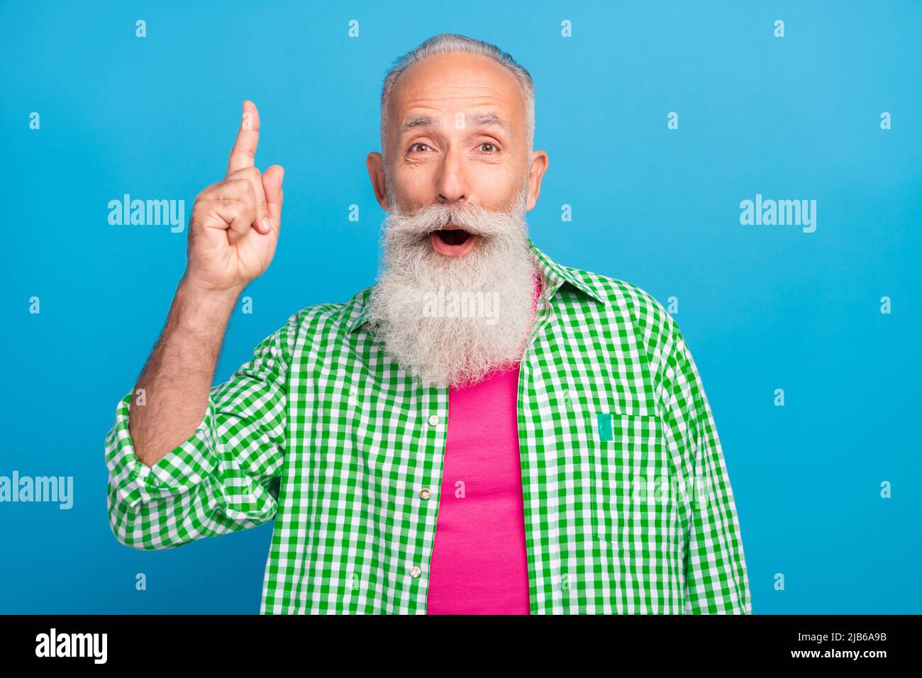 Portrait of overjoyed positive person point finger excellent brilliant ...