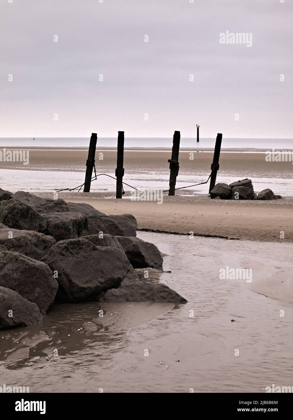 rock groin and marker Barkby Beach nr Pontins Prestatyn Denbighshire N ...