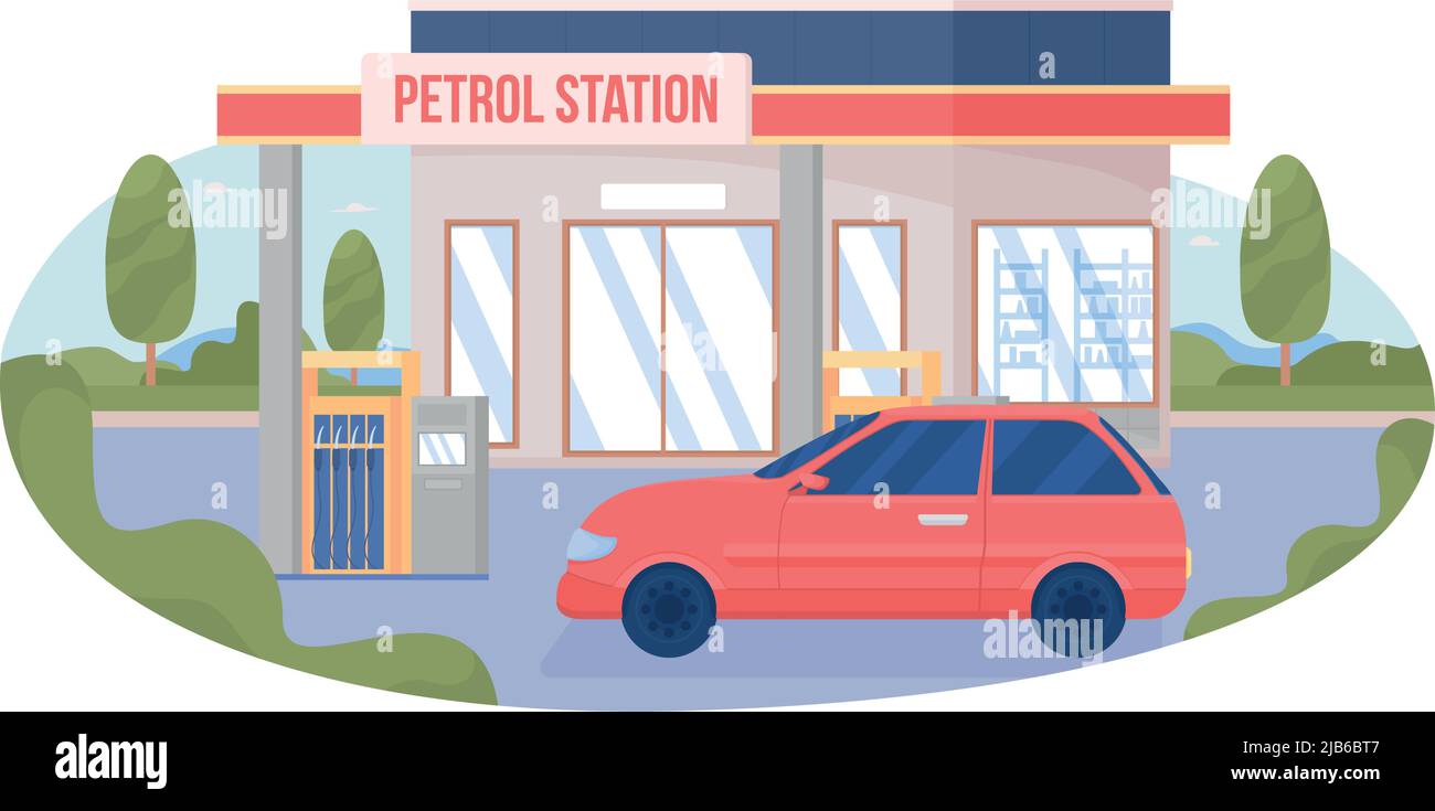 Car at city gas station 2D vector isolated illustration Stock Vector ...