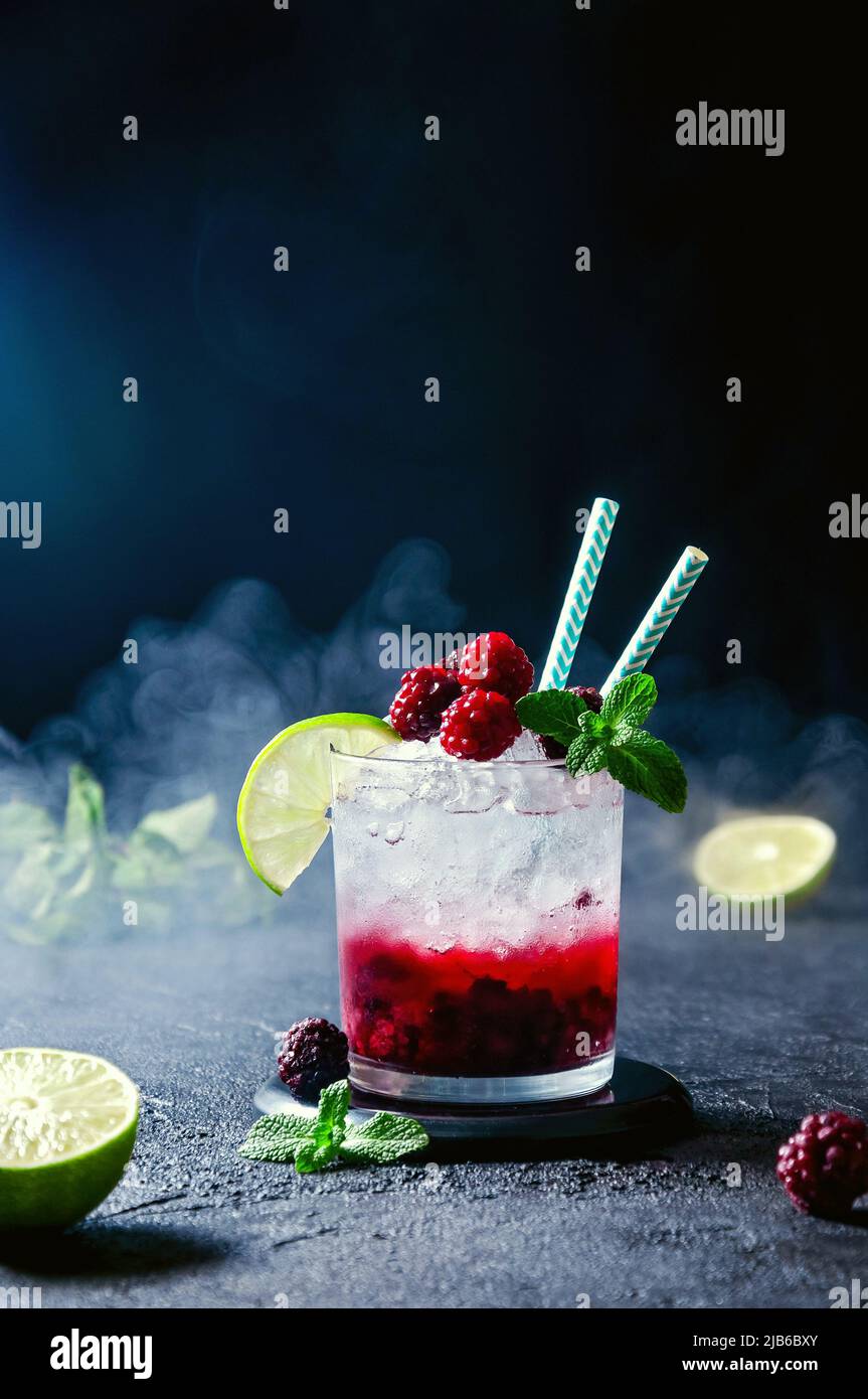 Cocktail with Rum or Vodka, Soda, Raspberry and Blackberry Puree, Lime ...