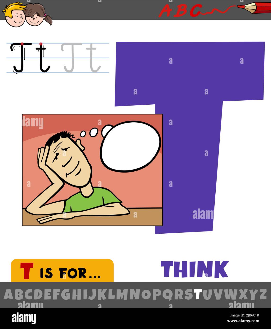 Educational cartoon illustration of letter T from alphabet with think ...