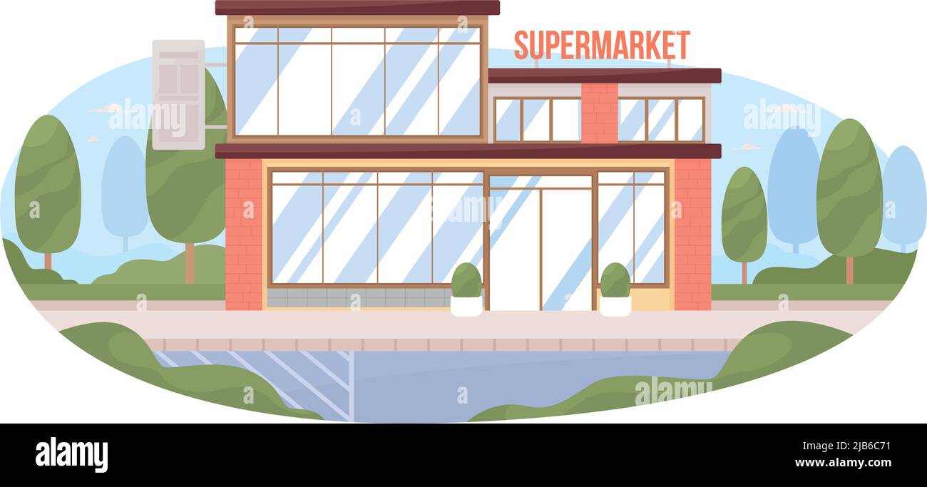 Supermarket building with glass facade 2D vector isolated illustration ...