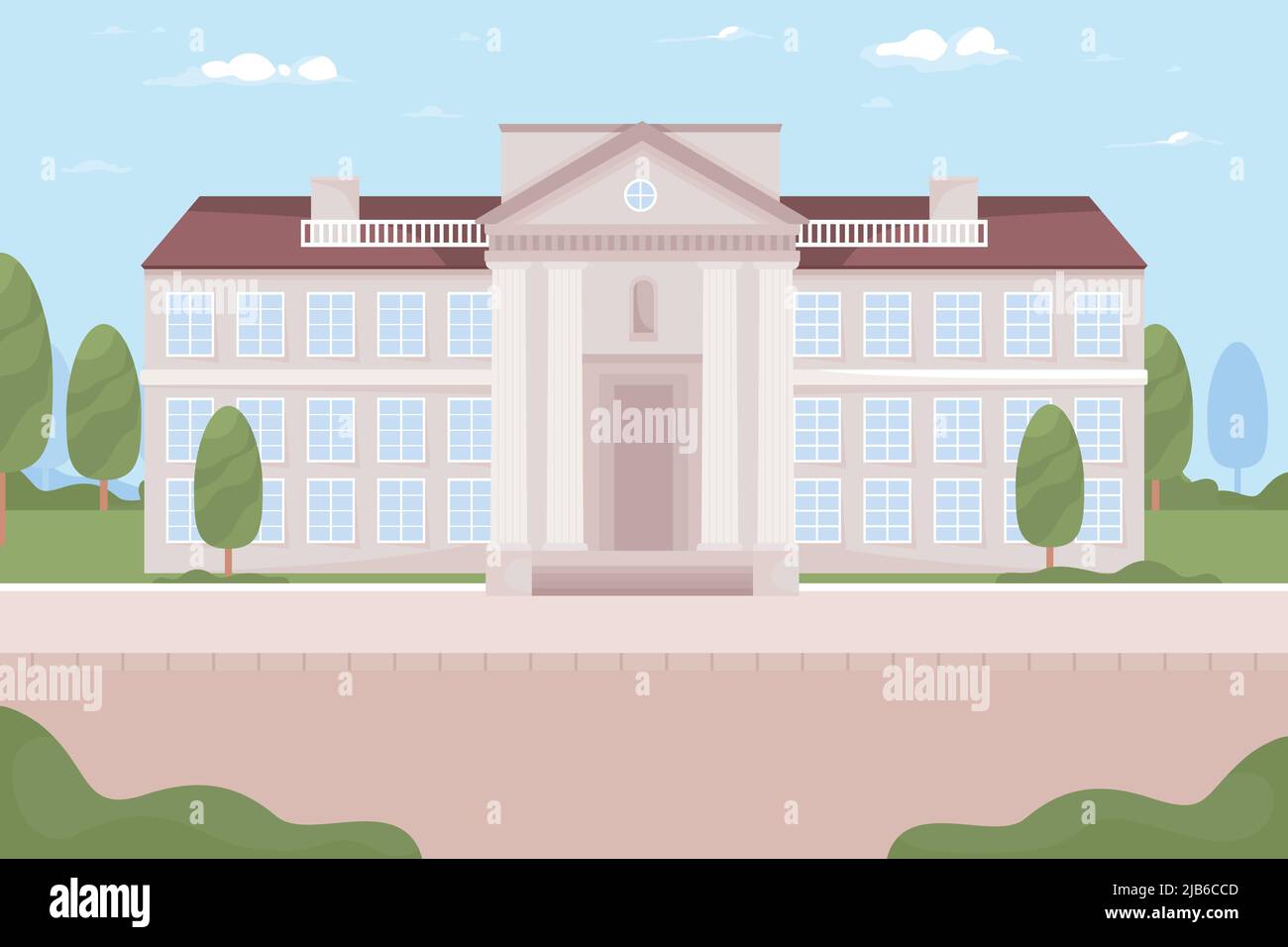 University building with classic columns flat color vector illustration ...