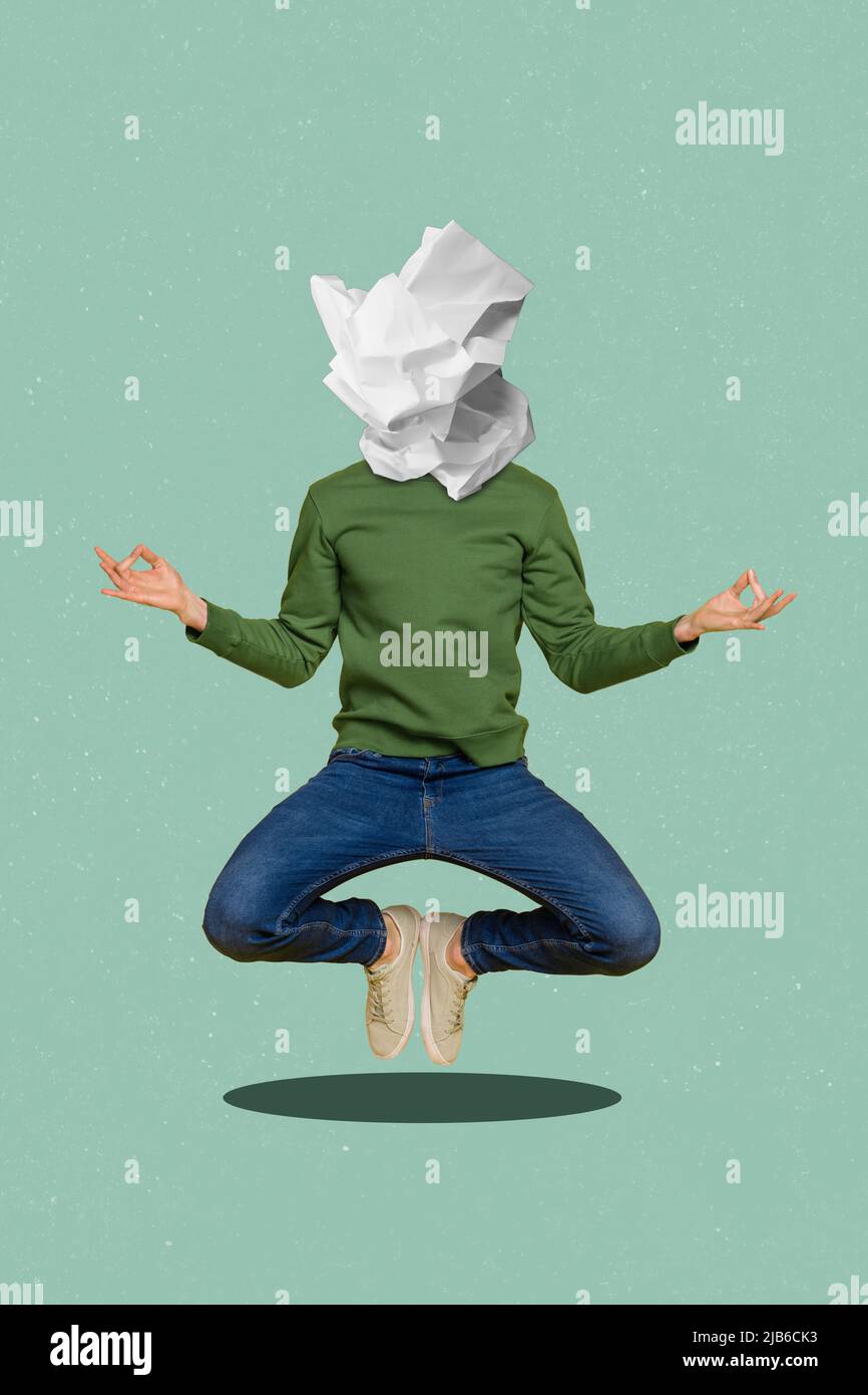 Vertical collage image of meditating person flying crumpled paper ...