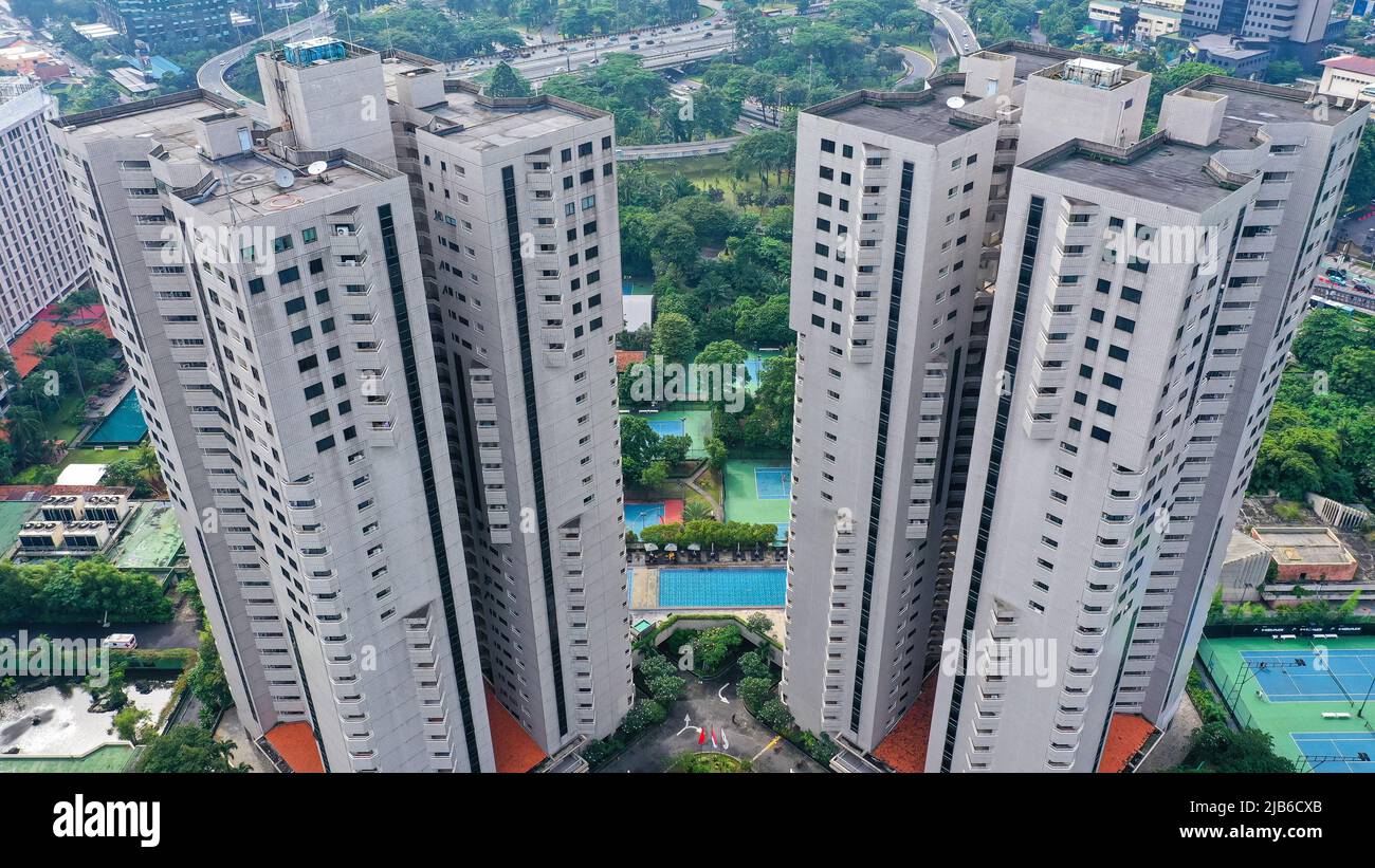 The two high buildings side by side. Aerial residental towers in ...