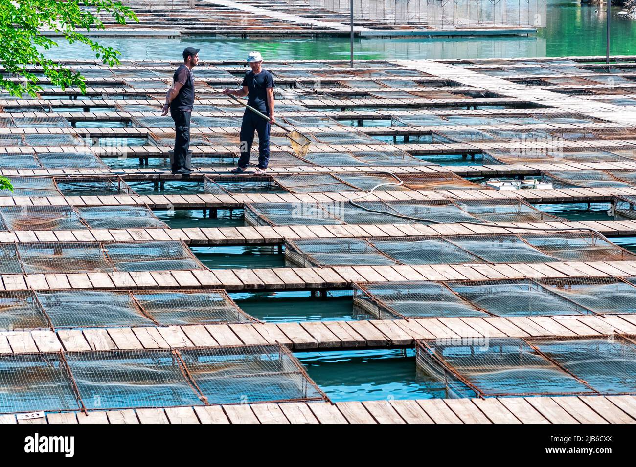 Dagestan, Russia - May 13, 2022: workers at a fish farm maintain ...