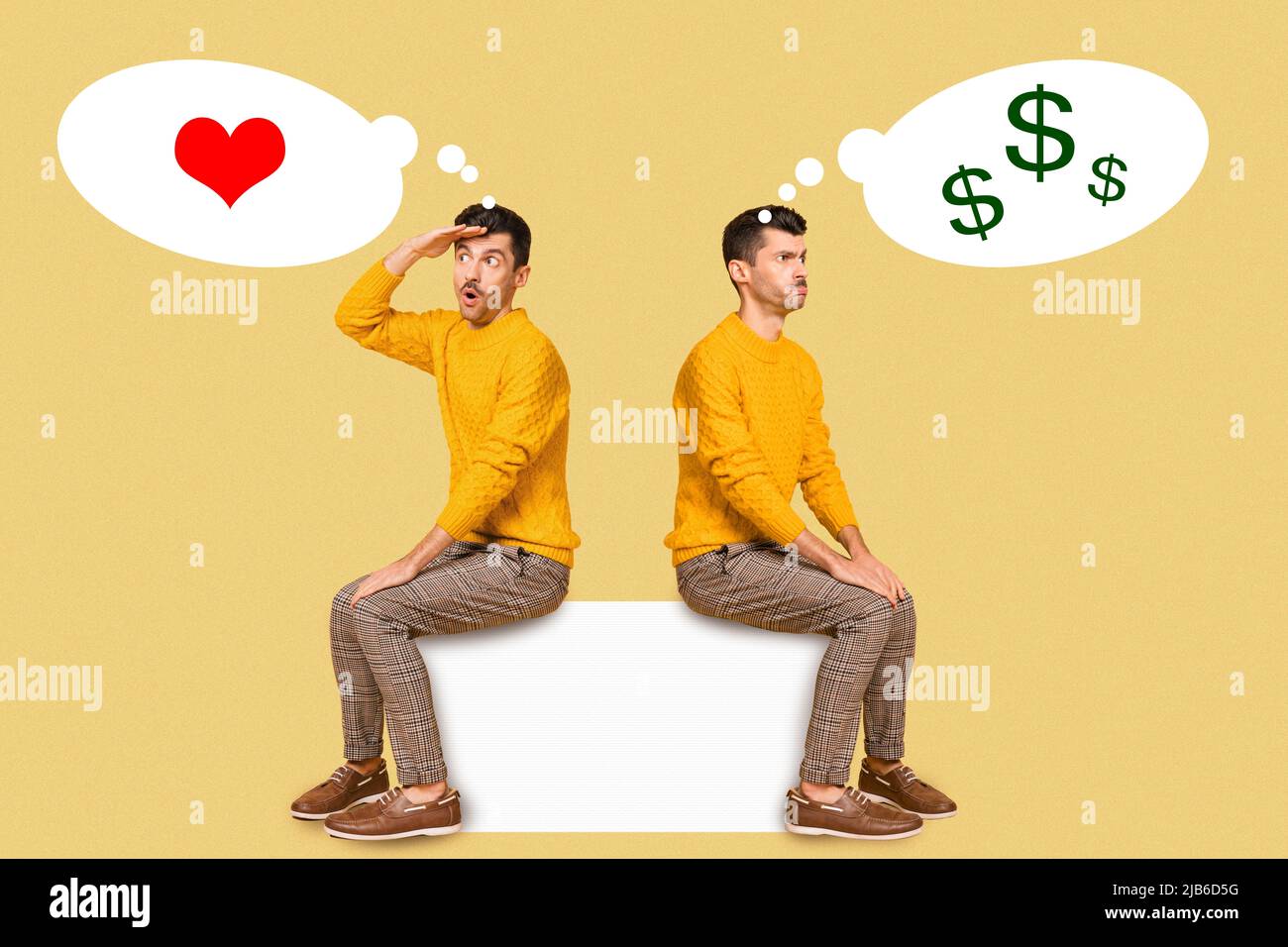 Collage illustration of two sides one person sitting brainstorming ...