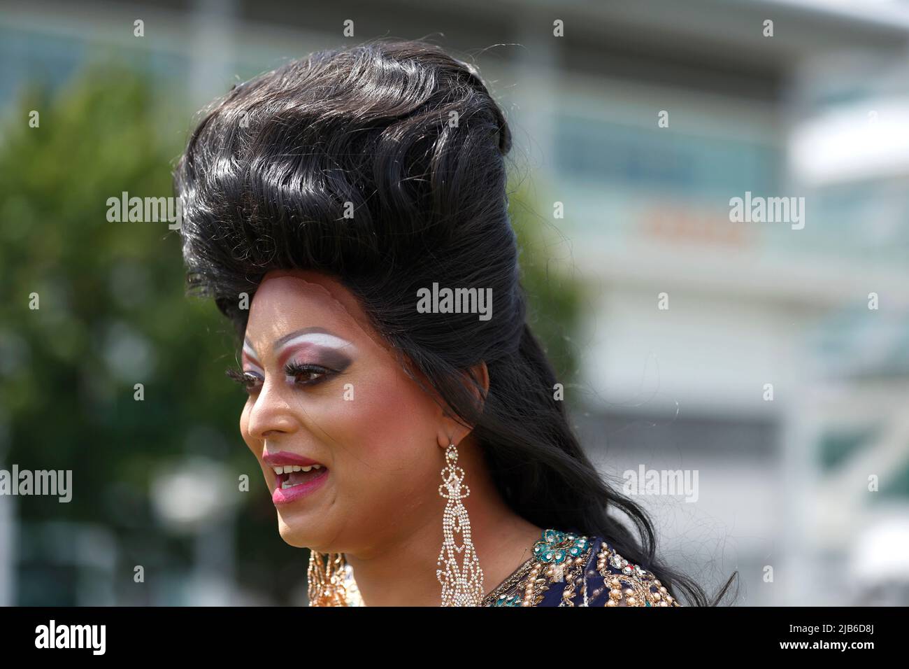 Drag Artist Asifa Lahore on Ladies Day during the Cazoo Derby Festival ...